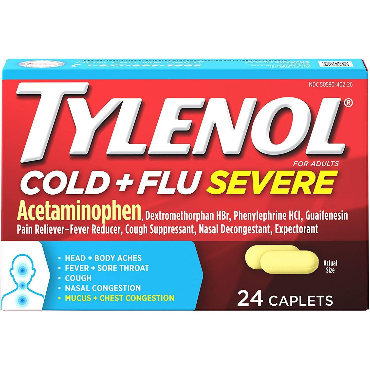 Tylenol Cold + Flu Severe Medicine Caplets for Fever, Pain, Cough & Co ...