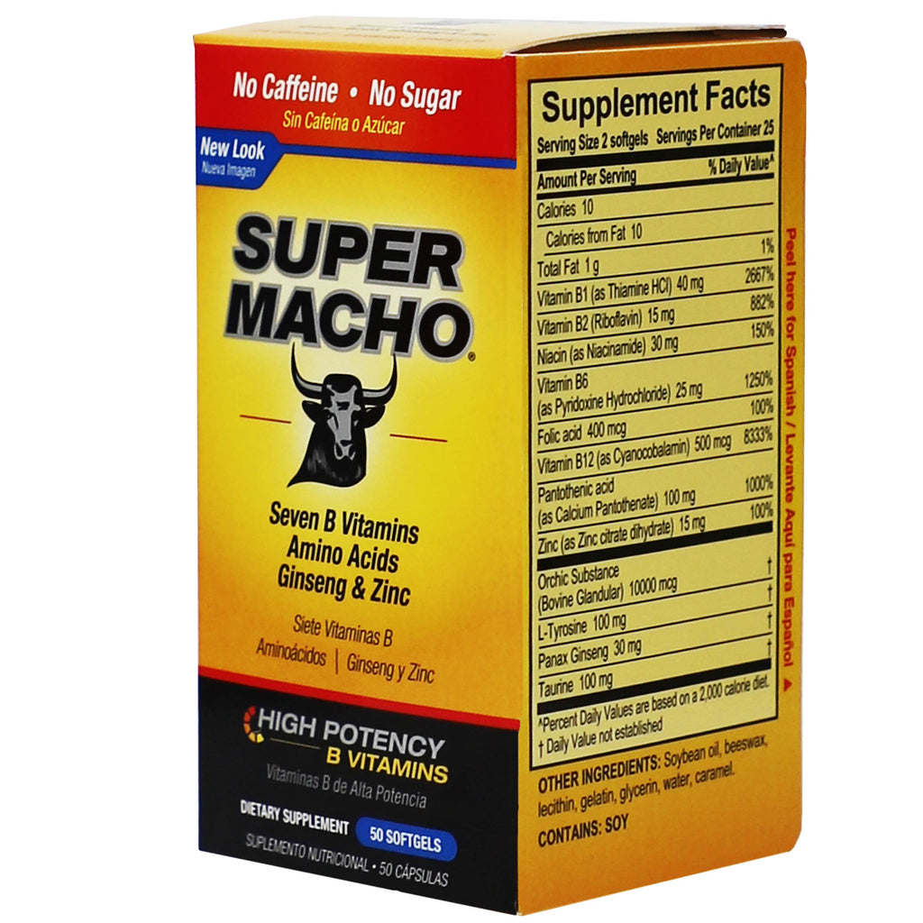 Super Macho High Potency B-Vitamins Dietary Supplement - 50 Softgels ...