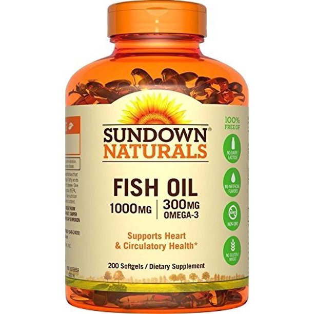 Sundown Naturals Fish Oil 1000mg - 300 mg Omega-3, Non GMO, 200 Softge ...
