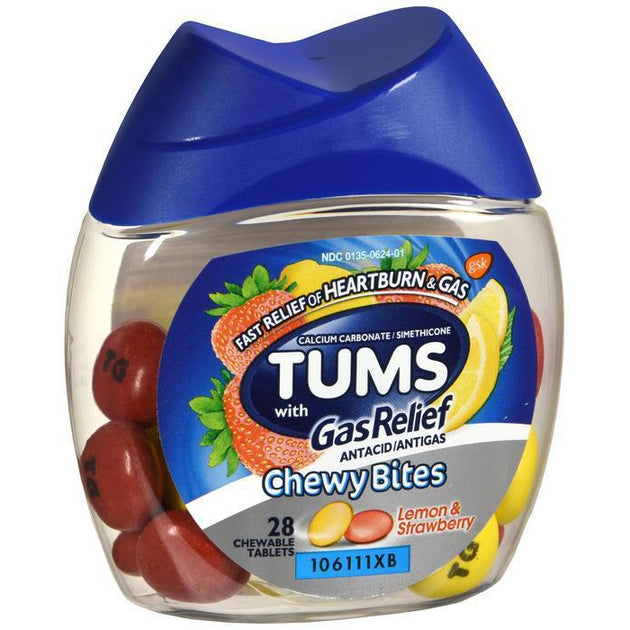 Tums Chewy Bites Antacid with Gas Relief, Lemon and Strawberry - 28 Ch ...