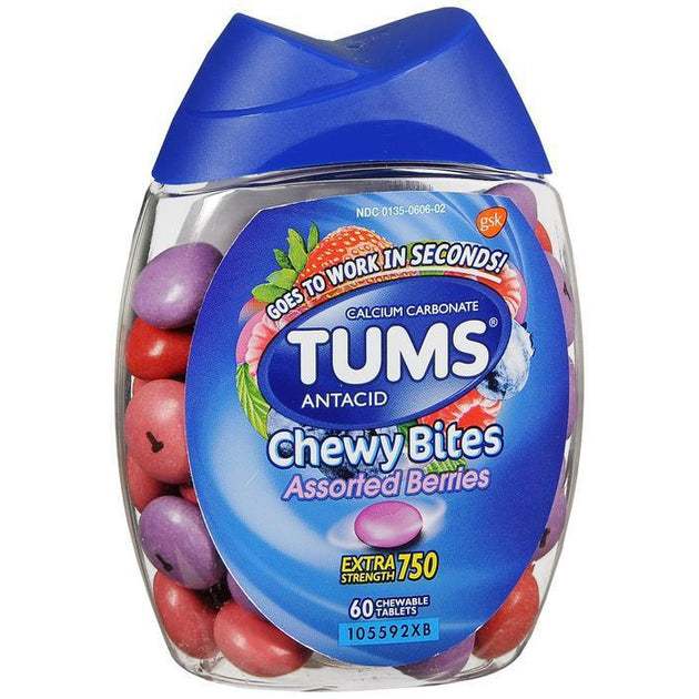 TUMS Chewy Bites Antacid, Assorted Berries - 60 Chewable tablets ...